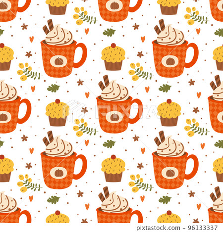 Pumpkin spice latte pattern hand drawn fall... - Stock Illustration ...