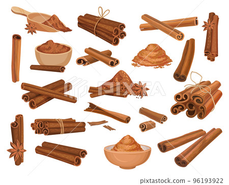 Set of cinnamon sticks and powder. Organic... - Stock Illustration ...