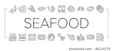 Seafood Cooked Food Dish Menu Icons Set Vector . - Stock Illustration ...