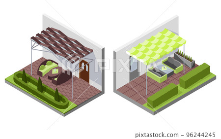 Set of inner courtyard isometric compositions... - Stock Illustration ...