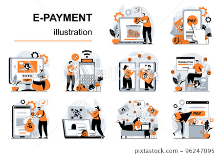 E-payment concept with people scenes set in... - Stock Illustration ...