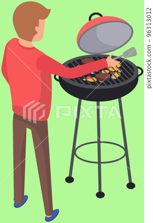 Man stands near grill and prepares meat. Male... - Stock Illustration ...