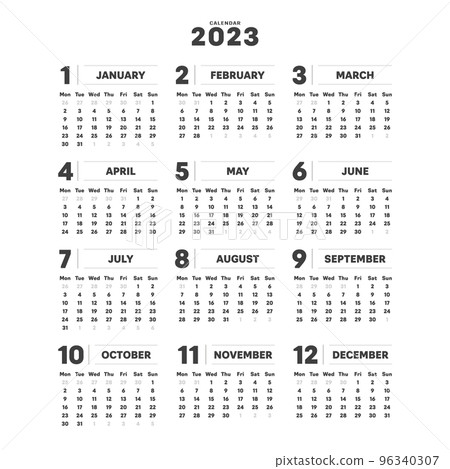 2023 年的簡單年曆-星期一開始，12 個月，1 年-插圖素材 [96340307] - PIXTA圖庫