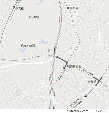 1 km radius map of Harajuku station_with text - Stock Illustration ...