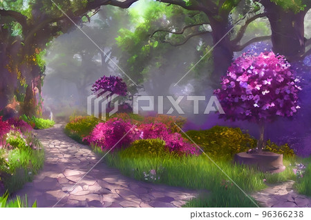 Enchanted garden. A magical garden with a path,... - Stock Illustration ...