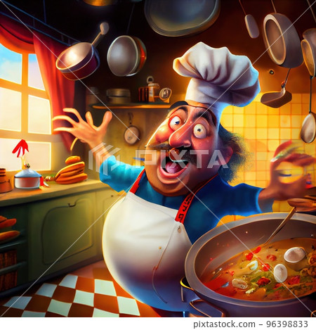 Funny crazy Italian chef cooks in his kitchen,... - Stock Illustration ...
