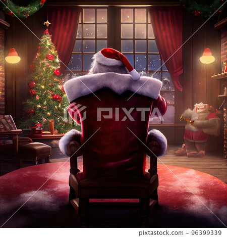 Santa is sitting on a big chair in front of the... - Stock Illustration ...