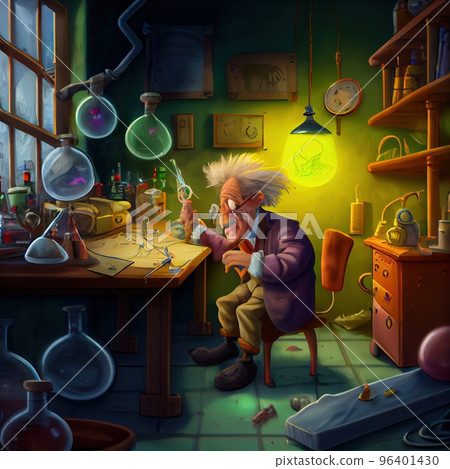 A mad scientist in his laboratory, cartoon man... - Stock Illustration ...