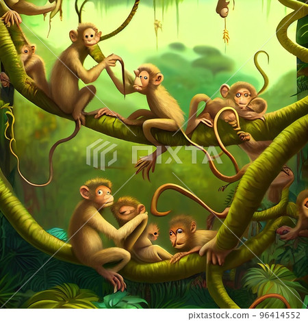 Funny monkeys fool around on vines in the jungle - Stock Illustration ...