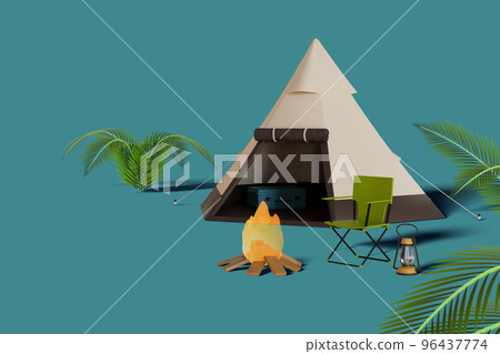 Triangle tent with campfire, chairs and... - Stock Illustration ...