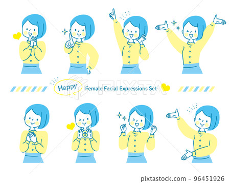 Cheerful woman's positive facial expression set... - Stock Illustration ...