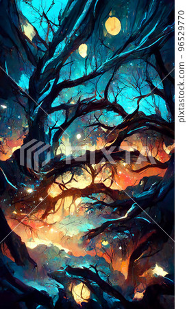 forest in the night starry sky illustration - Stock Illustration ...