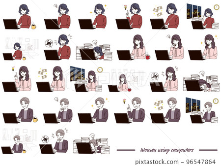 Illustration set of a woman using a computer - Stock Illustration ...