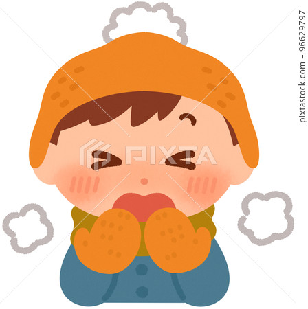 A boy in winter clothes exhaling white breath - Stock Illustration ...