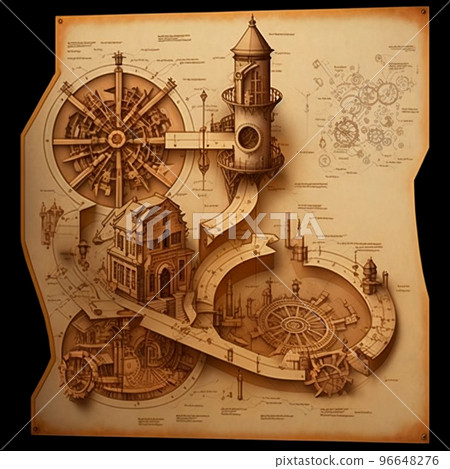 3d drawings of an unusual steampunk city, a... - Stock Illustration ...