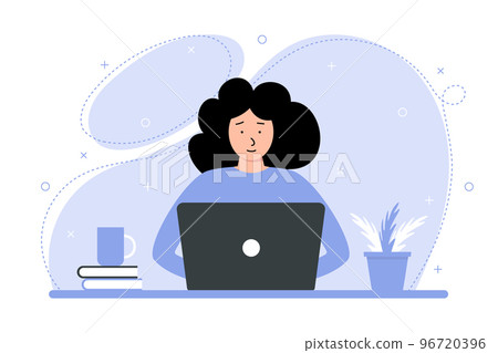 Young female student studies using a laptop.... - Stock Illustration ...