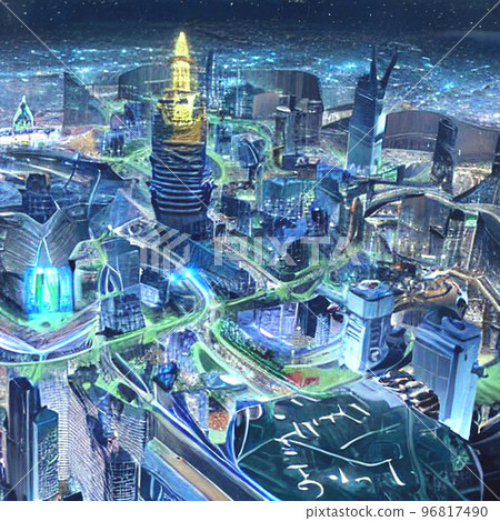 night view of futuristic skyscrapers - Stock Illustration [96817490 ...