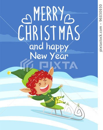 Merry Christmas and Happy New Year Card with Elf - Stock Illustration ...