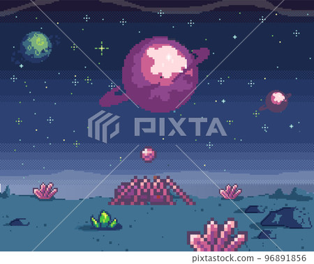 Pixel art cosmic area, game location. Scene... - Stock Illustration ...