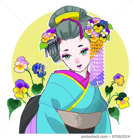 Maiko wearing a violet flower hairpin - Stock Illustration [97002024 ...