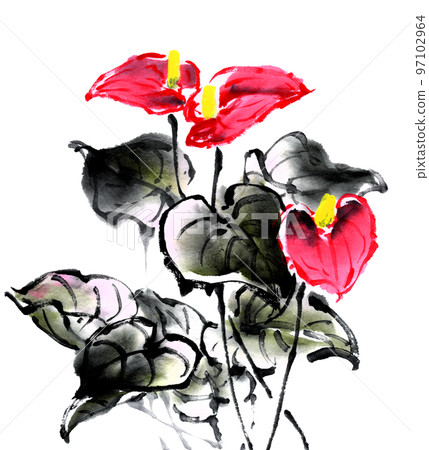 Anthurium drawn with ink painting technique - Stock Illustration ...