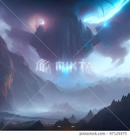 Blue planet and fortress/spaceship | Universe - Stock Illustration ...