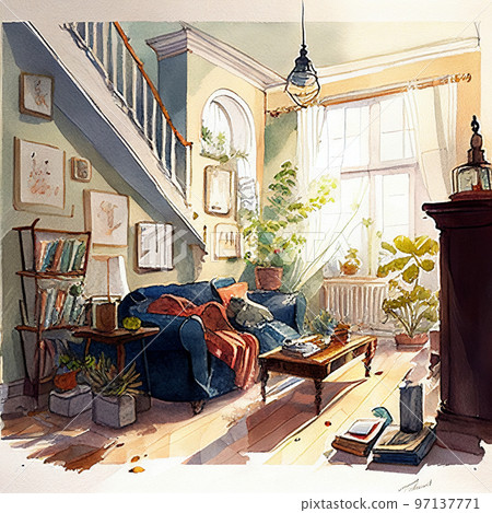 Watercolor painting interior perspective of a... - Stock Illustration ...