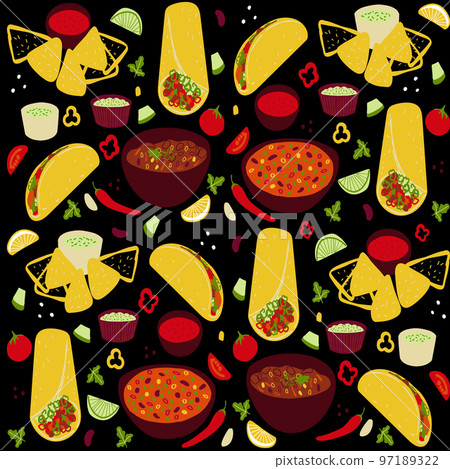 Seamless pattern with Mexican food Tacos, Burrito - Stock Illustration ...