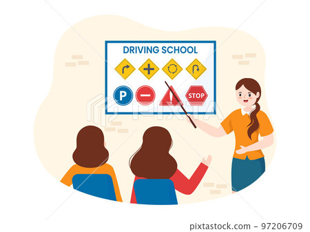 Driving School with Education Process of Car... - Stock Illustration ...