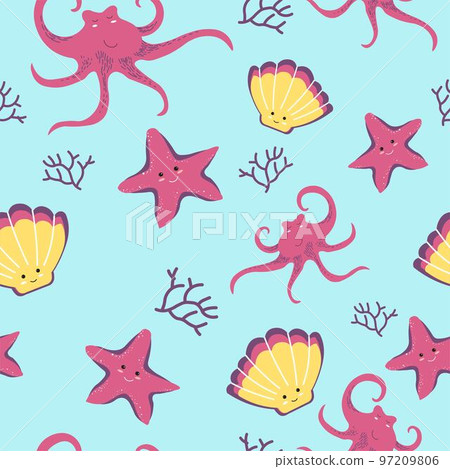 Aquarium with sea stars and shells smiling print - Stock Illustration ...