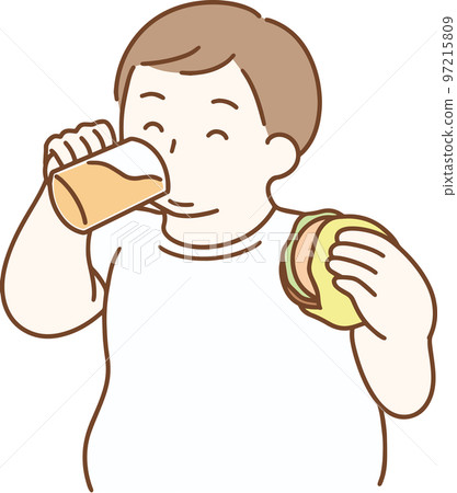 A plump man who drinks and eats high-calorie... - Stock Illustration ...