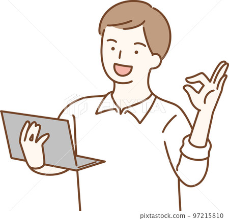 Man simple illustration holding a laptop and... - Stock Illustration ...