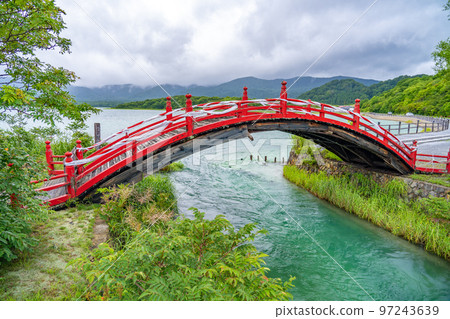 Sacred place Osorezan Taiko Bridge Lake Usori... - Stock Photo ...