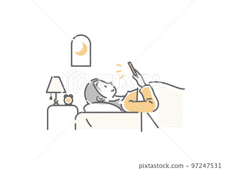 A young woman using a smartphone in bed at... - Stock Illustration ...
