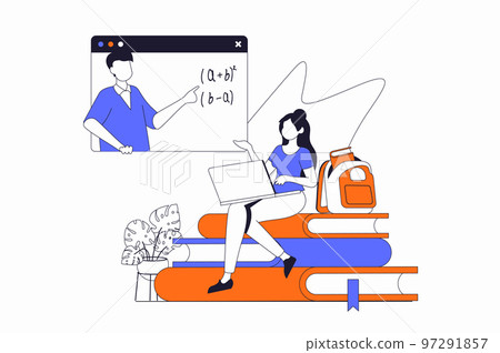 Distance learning concept with people scene in... - Stock Illustration ...
