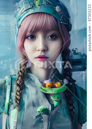 A Japanese solarpunk girl in the world of the... - Stock Illustration ...