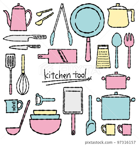 Hand-drawn kitchen tool set line drawing and... - Stock Illustration ...