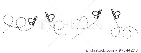 Bees flying on line dotted route set. Bee... - Stock Illustration ...