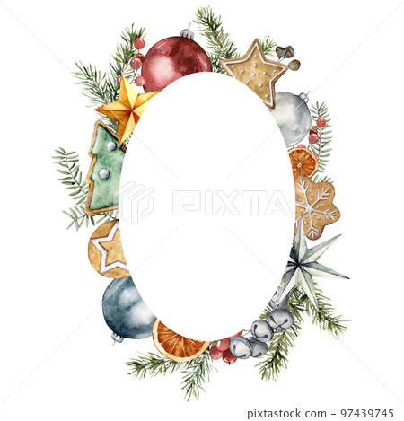 Watercolor Christmas oval frame of toys,... - Stock Illustration ...