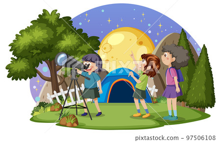 Outdoor scene with kids observing night sky - Stock Illustration ...