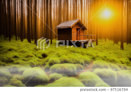 Tiny dreamy wooden hut on a mossy stony forest... - Stock Illustration ...