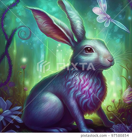 Iridescent psychedelic rabbit in neon colors in... - Stock Illustration ...