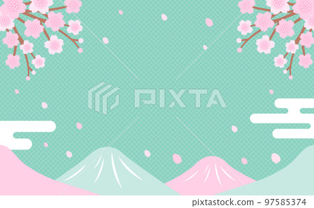 Japanese style spring mountain and cherry... - Stock Illustration ...