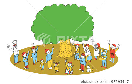 Diverse people gathering under a big tree Image... - Stock Illustration ...