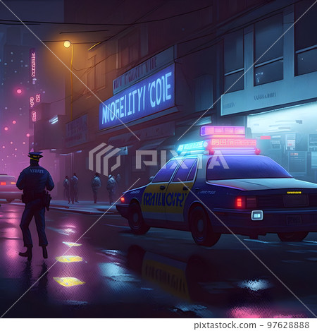 police car lights at night in modern city,... - Stock Illustration ...