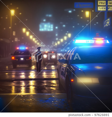 police car lights at night in modern city,... - Stock Illustration ...