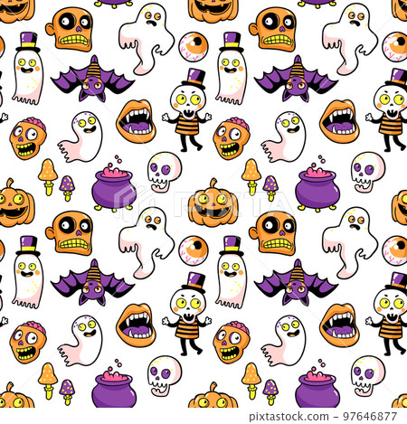 Halloween seamless pattern in cartoon comic style. - Stock Illustration ...