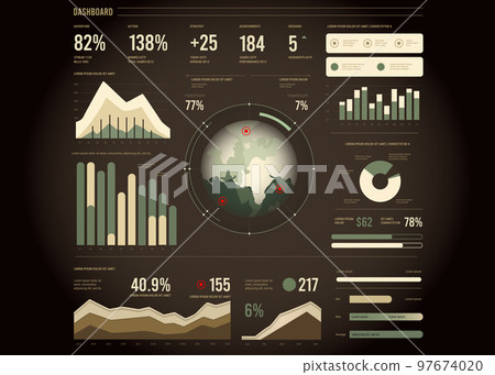 Futuristic dashboard design with charts, planet... - Stock Illustration ...
