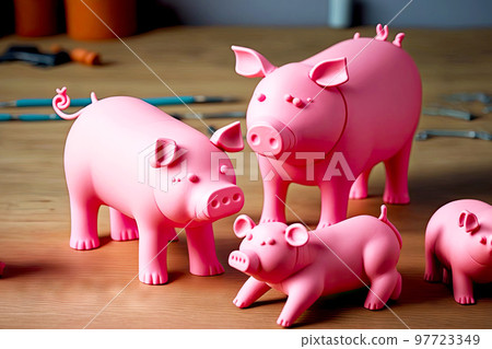 Several plasticine piglets handmade stand on table - Stock Illustration ...