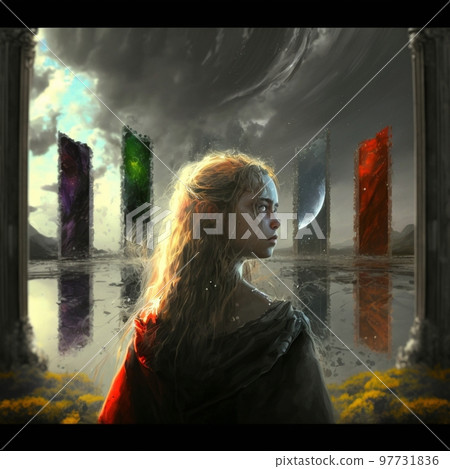 a girl staying between worlds stands in front... - Stock Illustration ...